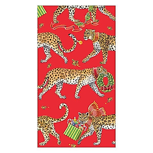 Caspari Christmas Leopards Paper Guest Towel Napkins in Red - Two Packs of 15