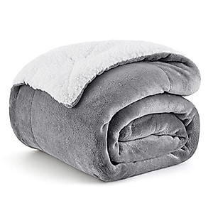 Bedsure Sherpa Fleece Blankets Grey Twin & Bedsure 100% Cotton Muslin Blankets Grey Throw