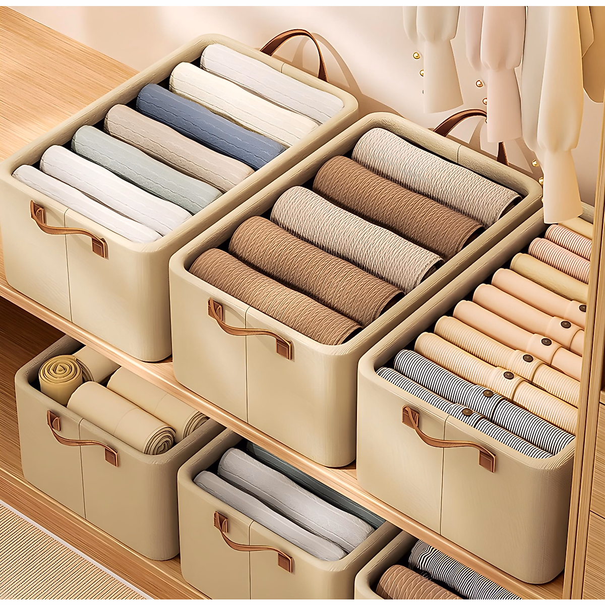 Generic 4 Pack 26L Universal Size Clothes Storage Basket, Fabric Storage Box with Metal Frame, Clothes & Fabric Orgainzer Bins, Closet Clothes Wardrobe Storage Box, Shelf Storage Box (2-Gray 2-Beige)