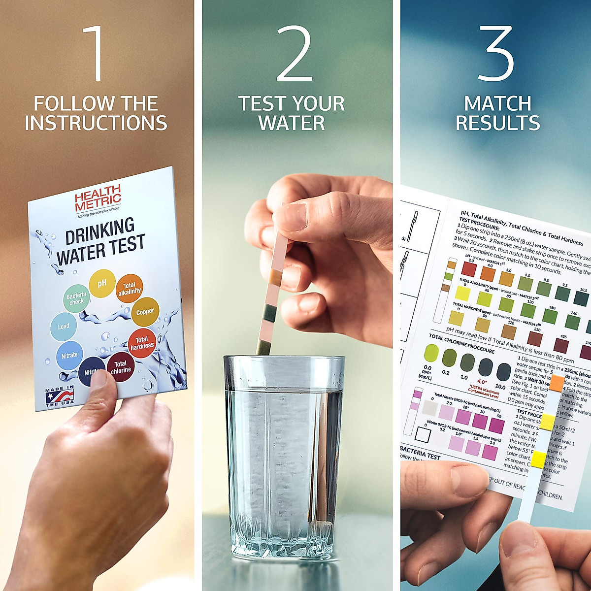 Drinking Water Test Kit for Home Tap and Well Water - Easy to Use Testing Strips for Lead Bacteria pH Copper Nitrate Chlorine Hardness and More | Made in The USA in Line with EPA Approved Limits