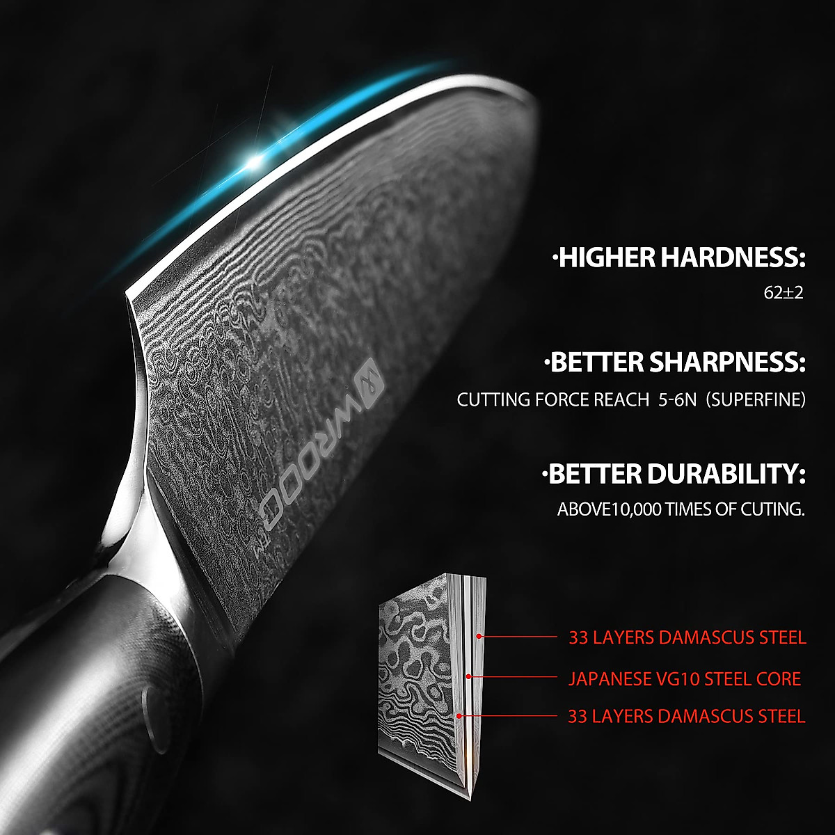 WROOC [NEW] Razor Sharp Chef Knife, 67 layers Damascus, 8 inch Kitchen knives with Military grade G10 Handle, Japanese steel super sharp, Superb Edge Retention, Stain & Corrosion Resistant