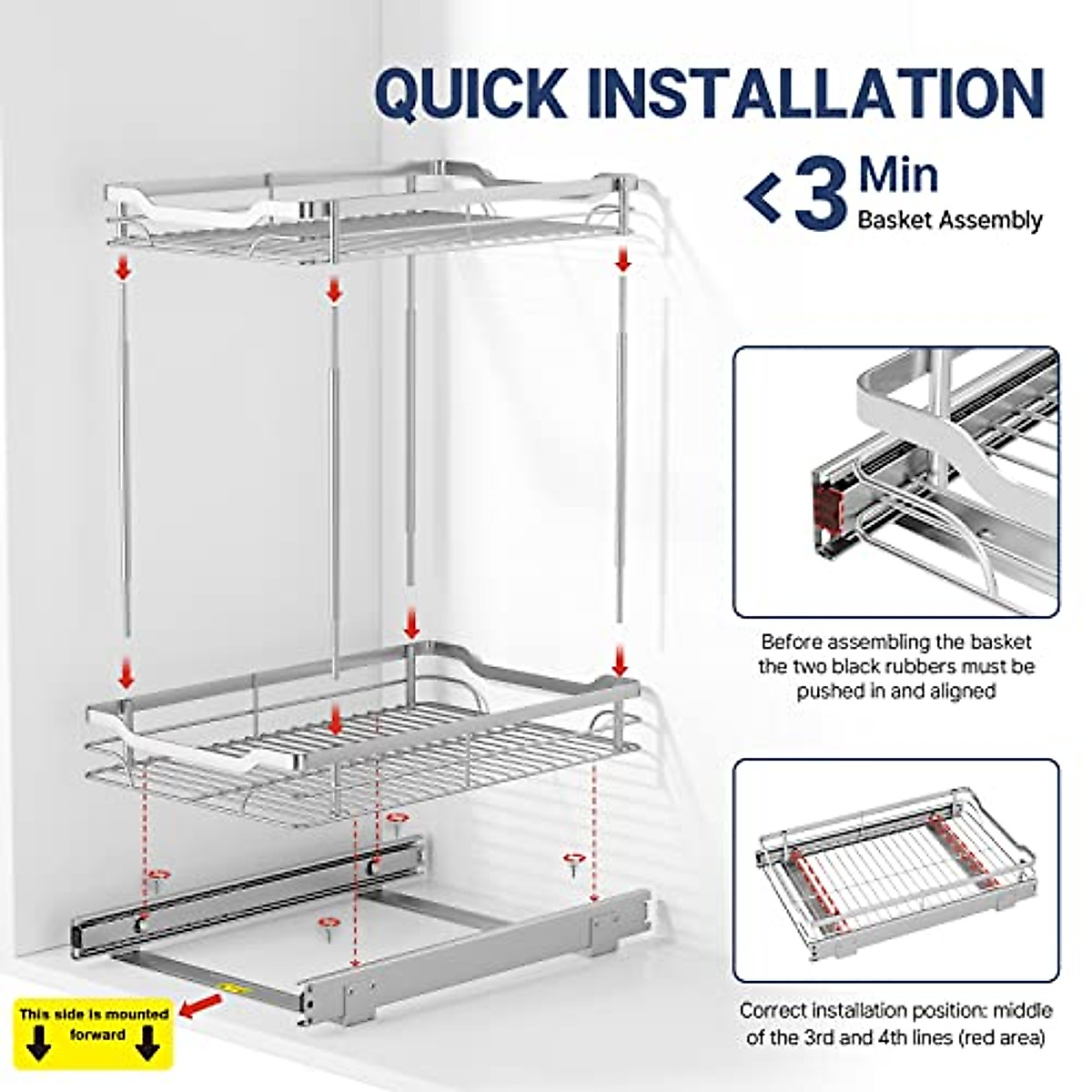 Amazer Pull Out Cabinet Organizer, 2 Tier Pull Out Drawers for Kitchen Cabinets, Slide Out Pantry Shelves 14.2"D×20"W Sturdy Cabinet Organizer Pull Out Drawers, Cabinet Pull Out Shelves Metal-Chrome
