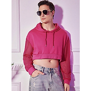 WDIRARA Men's Drawstring Mesh Long Sleeve Hoodie Sweatshirt Pullover Crop Top Hot Pink S