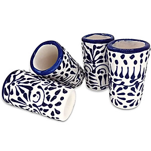 MEXTEQUIL - Talavera Shot Glasses Set of 4 Authentic Mexican Tequila Shot Glasses - Hand-painted - 2 Oz (Blue Lace)