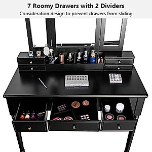 DORTALA Makeup Vanity Table Set w/ 7 Drawers, Removable Tri-Folding Mirror w/ 8 Jewelry Necklace Hooks, Dressing Table w/ Open Storage Box & Cushioned Stool, Solid Wood Legs,Black