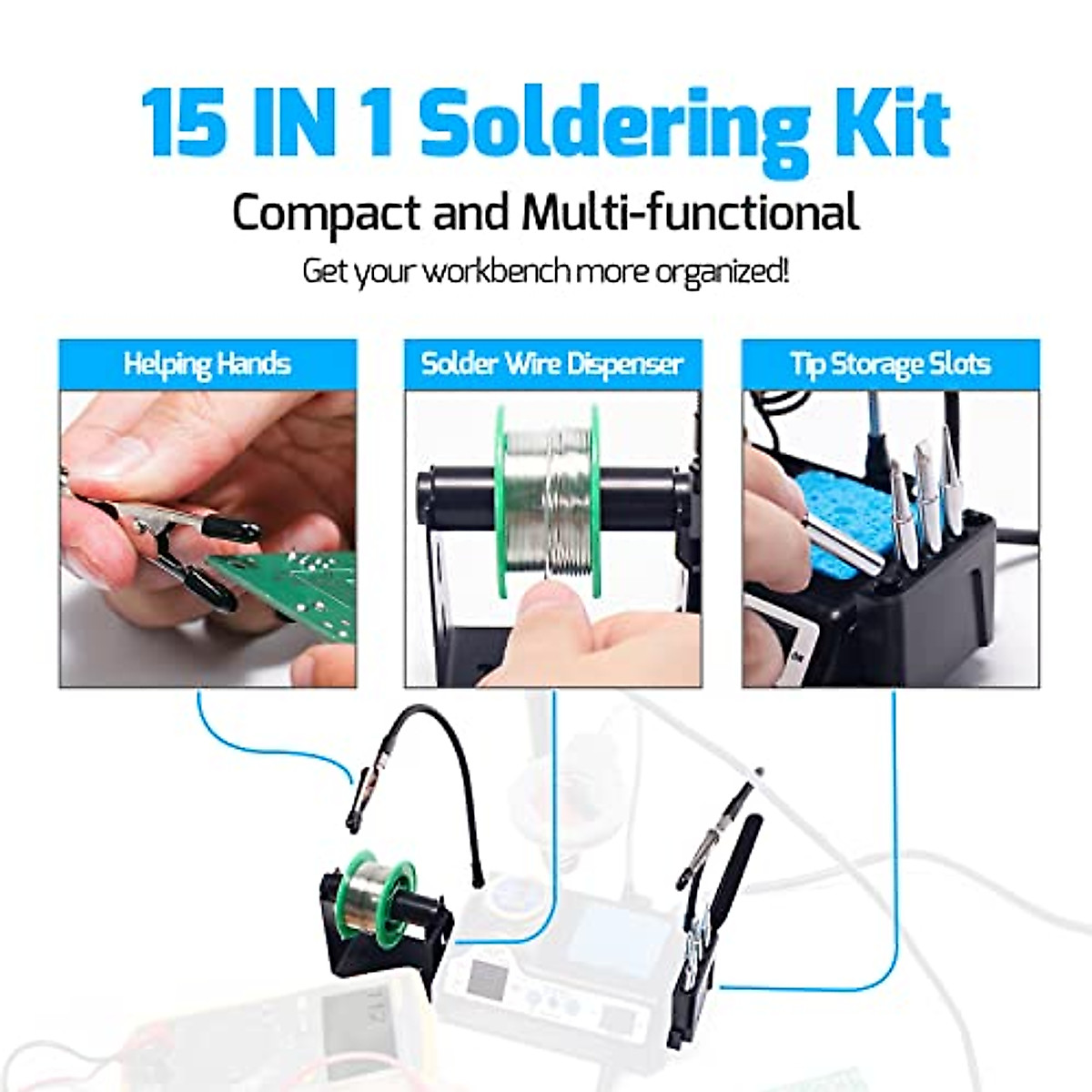 WEP 927-IV Soldering Station Kit High-Power 110W with 3 Preset Channels, Sleep Mode, LED Magnifier, 5 Extra Iron Tips, Tip Cleaner, 2 Helping Hands, Tip Storage Slots, Lead-free Solder Wire, Tweezers