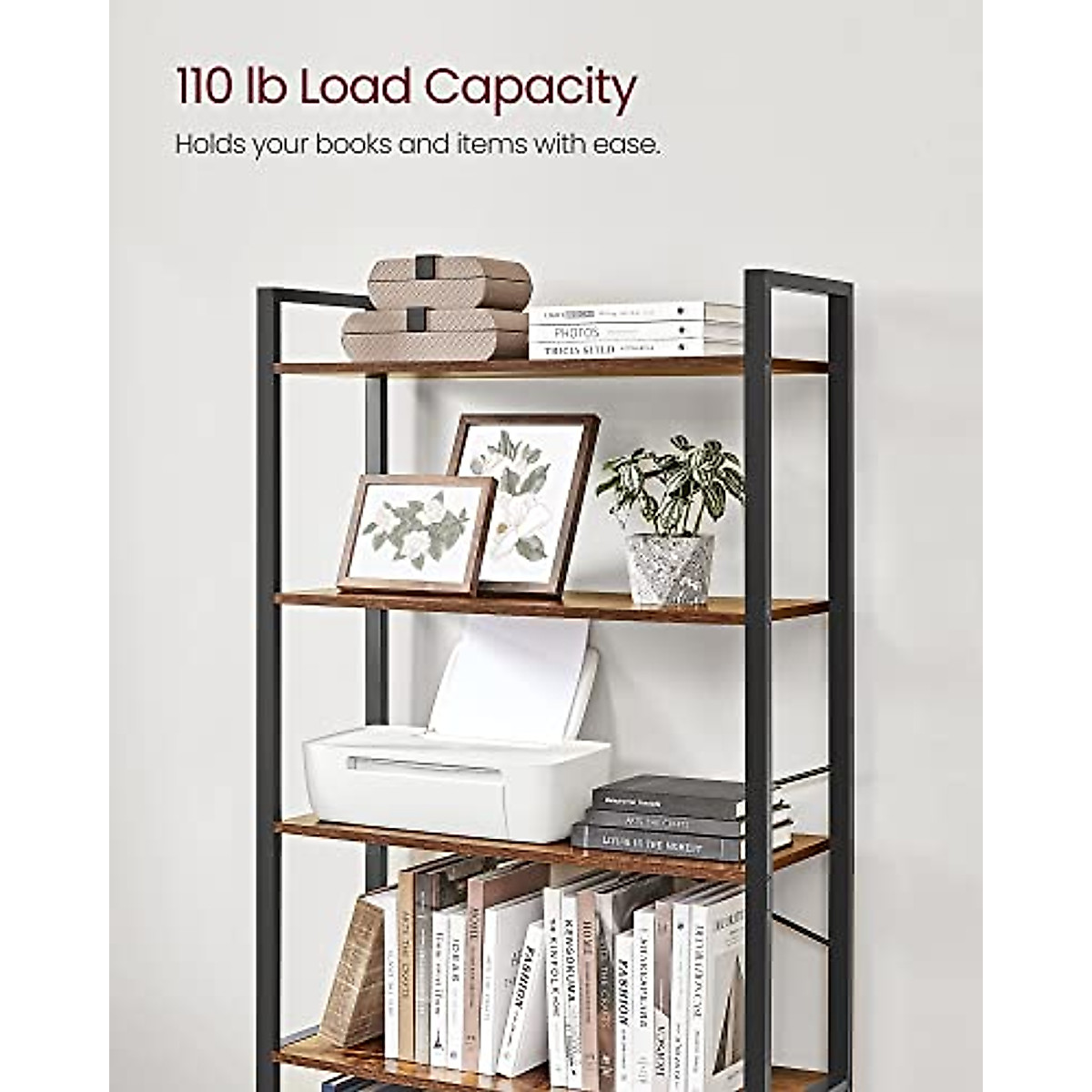 VASAGLE Bookshelf, 5-Tier Storage Rack with Steel Frame, for Living Room, Office, Study, Hallway, Industrial Style, Rustic Brown + Black, ‎11.8 x ‎31.5 x 60 inches
