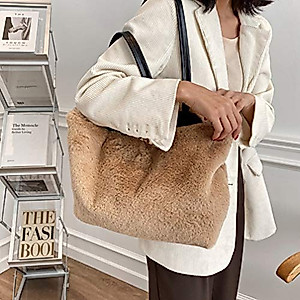 VALICLUD Large Work Tote Large Faux Fur Handbag Plush Bucket Tote Hobo Bag Oversize Fuzzy Fluffy Handle Satchel Fashion Shoulder Bag for Women Womens Laptop Tote