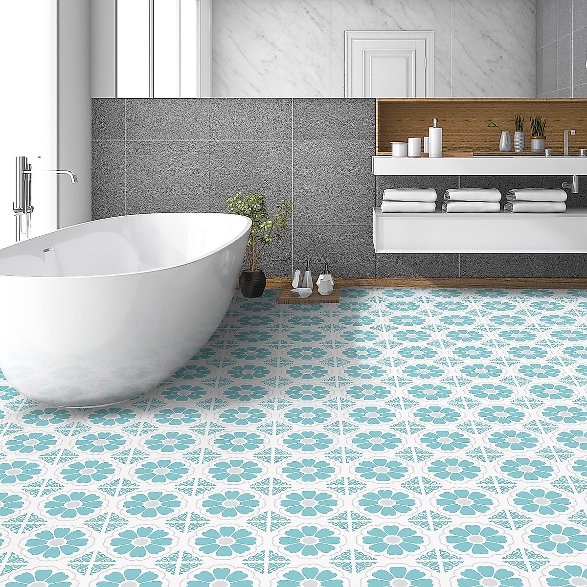 Peel & Stick Floor Tiles Vinyl Flooring 8"x8", Suitable for Wall, Floor, Kitchen, Bathroom, Pet House 10 Sheets (8x8 inches, Tamensa Encaustic, 10)