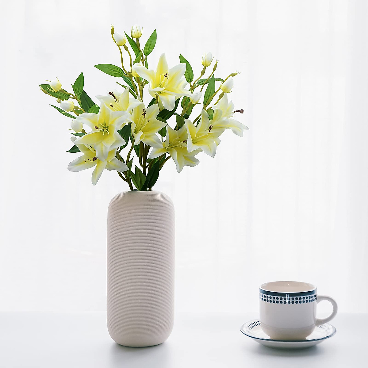 MINYULUA 3Pcs Artificial Tiger Lily Bouquet Real Touch Latex Lilies Faux Flower 30" Tall Fake Flower Vase Arrangement for Home Wedding Party Garden Table Shop Office Decor - Yellow