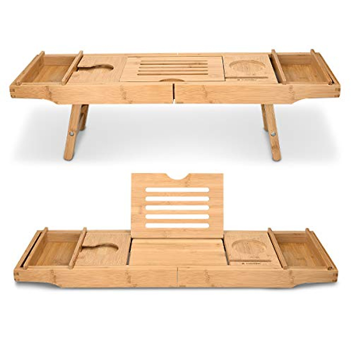 Navaris Bed and Bath Tray - Wooden Rack with Folding Legs - Bamboo Bathtub Caddy Bridge Shelf with Book or Tablet Stand - Natural Brown