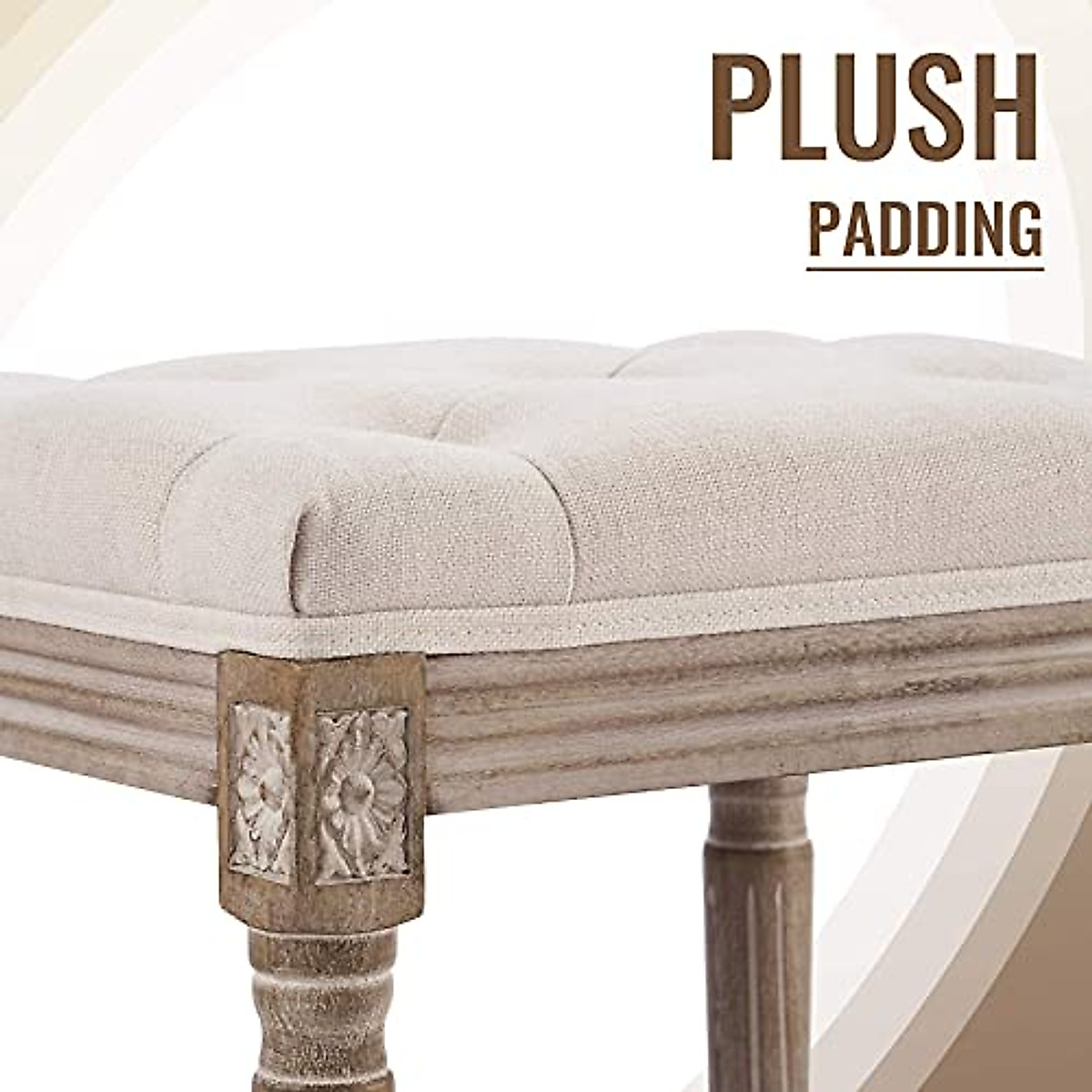 VONLUCE French Vintage Foot Stool with Rustic Wood Legs and Padded Seat, Upholstered Vanity Stool Piano Stool and Entryway Bench, Tufted Fabric Ottoman Stool for Bedroom Living Room More, Beige