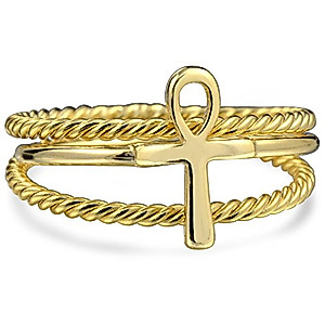 Religious Stackable Minimalist 14K Gold Plated .925 Sterling Silver Egyptian Ankh Cross Ring Set 1MM Enhancer Cable Band