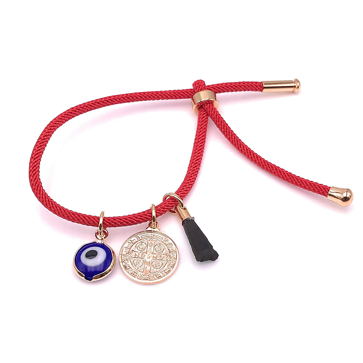 18K Gold Plated Saint Benedict Red String Bracelet Adjustable Charm Evil Eye & Dainty Genuine Azabache Hand