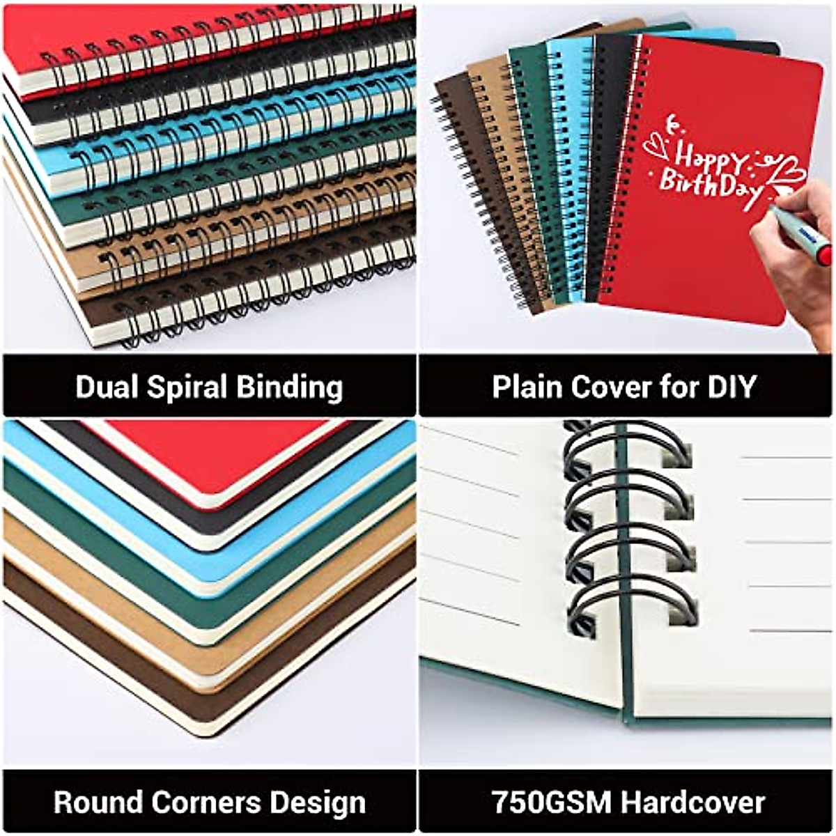 EUSOAR A5 Spiral Notebook, 6 Pack 5.5" x 8.3" 120 Pages Lined Travel Writing Notebooks Journal, Memo Notepad Sketchbook, Students College Office Business Subject Diary Ruled Spiral Book Journal