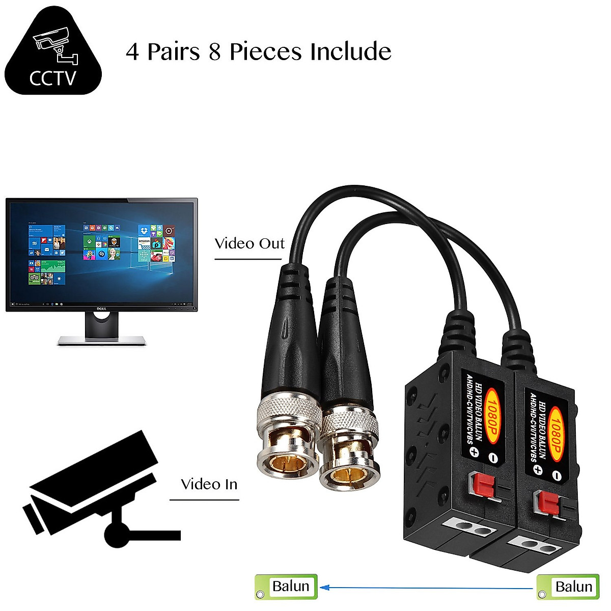 VIMVIP 1080P AHD/HD-CVI/TVI/CVBS Passive HD Video Balun Transmitter 4 Pairs (UTP Up to 350M-600M)