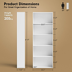 DORTALA Bookcase 5-Shelf Multi-Functional Modern Wood Storage Display Open Bookshelf for Home Office, White