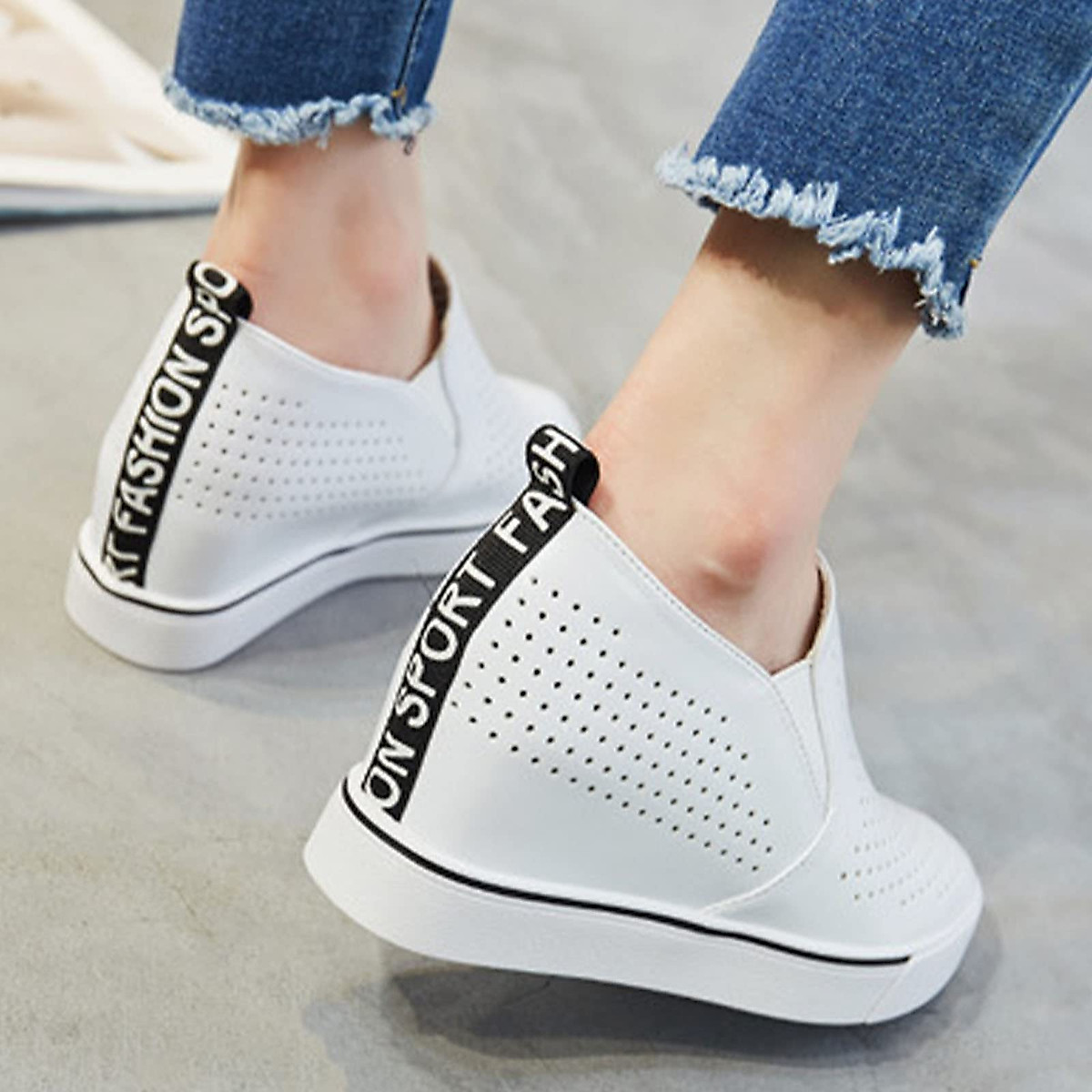 AngryMonkey Women's Hidden Wedge Sole Booties,Ankle Heels Vulcanized Hollow Breathe Comfy Slip on Sneakers Platform Shoes (4,Silver Hollow,4,Women)