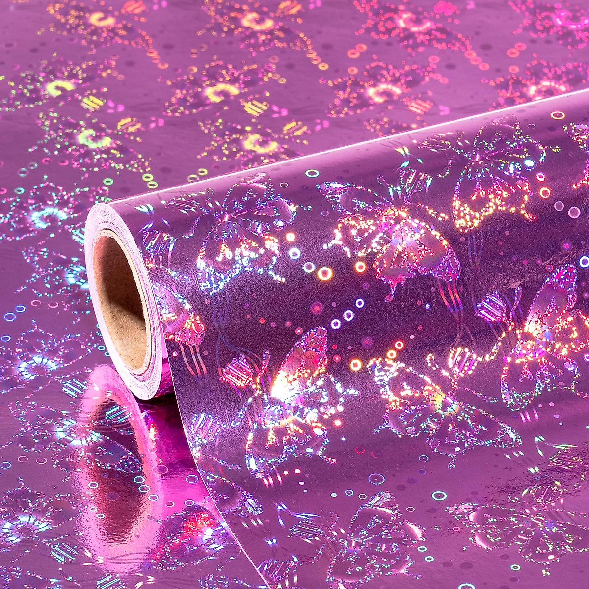 LeZakaa Pink Holographic Wrapping Paper - Mini Roll - Butterfly Print for Birthday, Holiday - 17 inches x 32.8 Feet (46.5 sq.ft.)