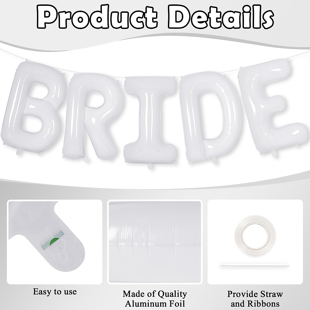 40 Inch White BRIDE Balloons, Giant Bride To Be Balloons, Bride Letter Balloons, Bachelorette Party Balloon, Bridal Photo Booth Bridal Banner for Wedding Bachelorette Party Decorations (White)