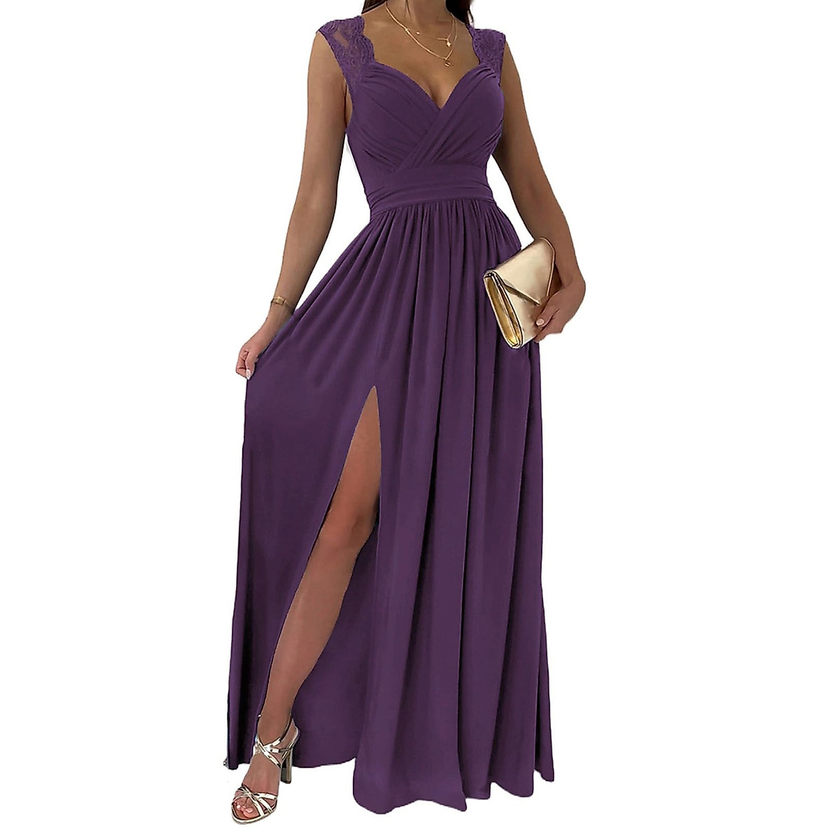 Dokotoo Womens Ladies Elegant Floor Length A Line Wrap Deep V Neck Backless Ruched Pleated Ruffled Split Long Maxi Formal Evening Party Prom Dress Bridesmaid Wedding Guest Dresses for Women Purple L