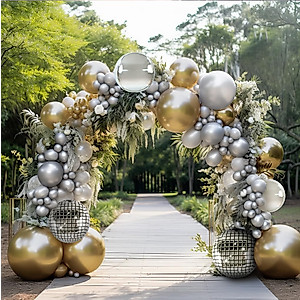 Chrome Gold Silver Balloon Garland Kit-Metallic Gold Silver Balloons and 4D Disco Silver Foil Mylar Balloons Arch for Birthday Baby Shower Graduation Bachelorette Wedding New Year Party Decoration