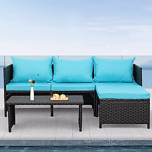 Valita 3-Piece Outdoor PE Rattan Furniture Set Patio Black Wicker Conversation Loveseat Sofa Sectional Couch Turquoise Cushion