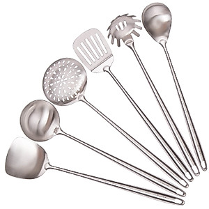 17Inch 304 Stainless Steel Kitchen Utensils Set, 6-Pieces All Metal Extra Long Handle Cooking Tools with Wok Spatula, Soup Ladle, Skimmer Spoon, Slotted Spatula Turner, Spaghetti Server, Solid Spoon