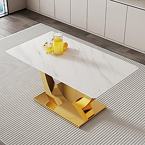 HAIZAO 63 inch Glass Dining Table for 4-6, Rectangular Glass Dining Table with White Marble Grain Tempered Glass Tabletop, Glass Kitchen Table with U-Shaped Metal Bracket for Dining Room Kitchen