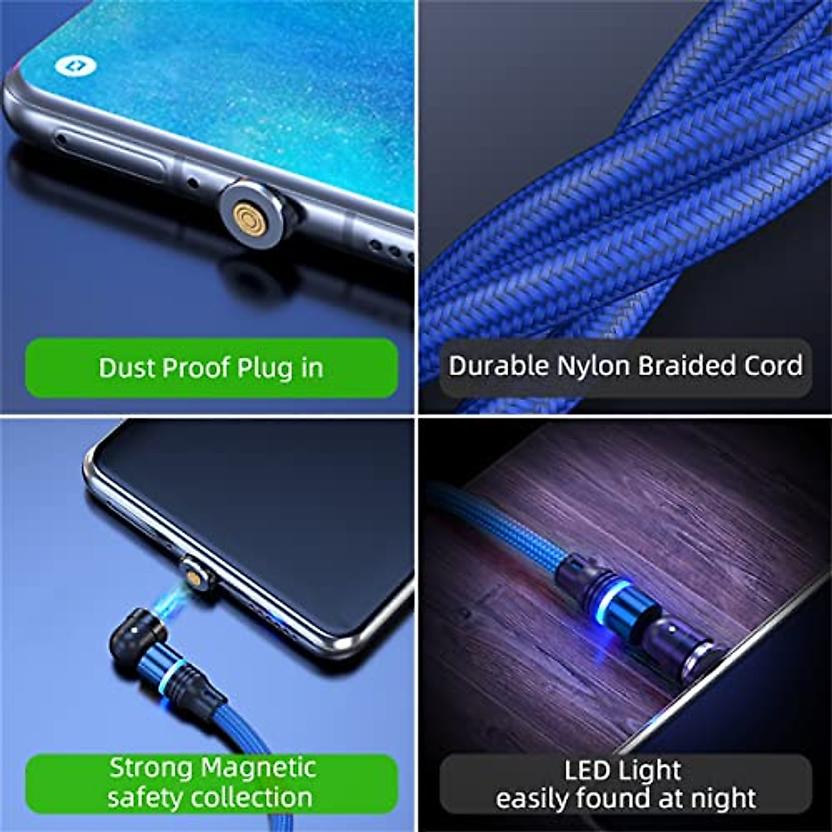 Magnetic Charging Cable 3A Fast Charging & Data Sync 540° Rotation 6.6ft Magnetic Phone Charger Cable Nylon Braided 3 in 1 Magnetic Cable Compatible with Android Micro USB/USB C/Type C/Phone Devices