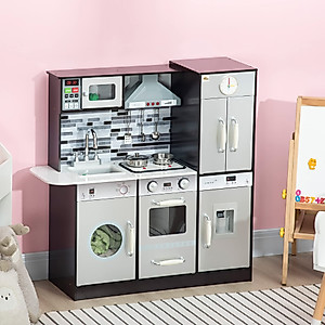 Qaba Wooden Play Kitchen with Lights Sounds, Kids Kitchen Playset with Washing Machine, Water Dispenser, Microwave, Range Hood, Refrigerator, Utensils, Gift for 3-6 Years Old