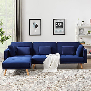 Eafurn L-Shaped Convertible Sectional Chaise Lounge and Adjustable Spilt Backrest,3 Seater Soft Velvet Sleeper Bed with Wooden Legs,Tufted Corner Sofa & Couch with Throw Pillows, Blue Left Hand Facing