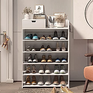 BURENMTO 5-Tier Wooden Storage Organizer, 29.5" Wide Vertical Shoe Rack for Closet Large Entryway Shoe Rack 15 Pairs Corner Tall Organizer Shoe Shelf with Drawer