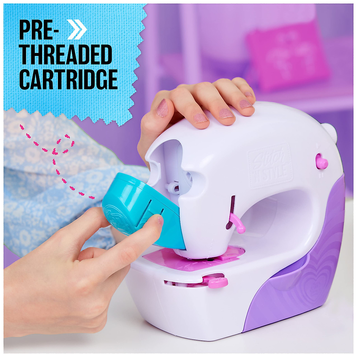 Cool Maker, Stitch ‘N Style Fashion Studio, Pre-Threaded Sewing Machine Toy with Fabric and Water Transfer Prints, Arts & Crafts Kids Toys for Girls