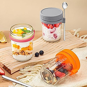 Tekuve Overnight Oats Containers with Lids and Spoon 2 Pack, Glass 16 oz Mason Jars with Airtight Lid for Overnight Oats Meal Prep Chia Yogurt Salad Fruit Red Orange