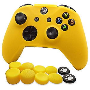 FOTTCZ Anti-Slip Soft Silicone Cover Skin Set for Microsoft Xbox One Controller which 1pcs Yellow Controller Skin + 8pcs Thumb Grip Caps