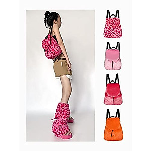 Kawaii Fluffy Purse Backpack Plush Backpack Furry Bag Fuzzy School Bag Teen Girls Faux Fur Aesthetic Backpack Leopard Bag (Leopard Pink)