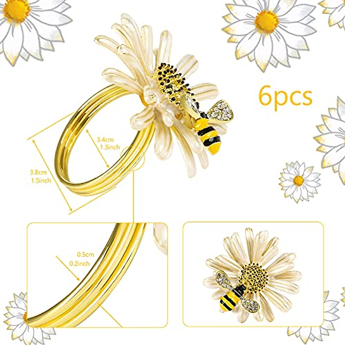 Kesote Daisy Sunflower Napkin Rings Set of 6, Gold Bee Napkin Ring Holders for Formal or Casual Dinning Table Decor