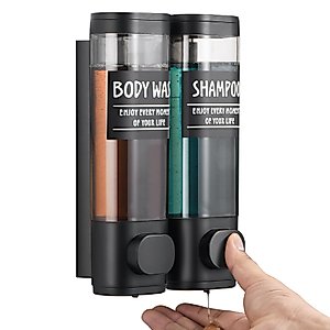 Shampoo and Conditioner Dispenser,GlintGath Shower Dispenser 2 Chamber No Drill Shampoo Dispenser for Shower Wall Mounted Shower Soap Dispenser for Bathroom Hotel,2 * 300ML,Matte Black