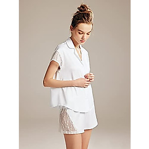 AW BRIDAL White Bride Pajamas Silk Pajama Set for Women Short Button Down Pajamas with Patchwork Lace 2Pieces PJ Set, White L