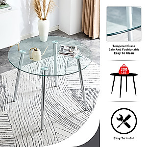 Deolme Modern Dining Table Set, Round Glass Table and 4 Clear Acrylic Chairs, Sturdy Chrome Legs, Easy to Clean, for Kitchen and Living Room