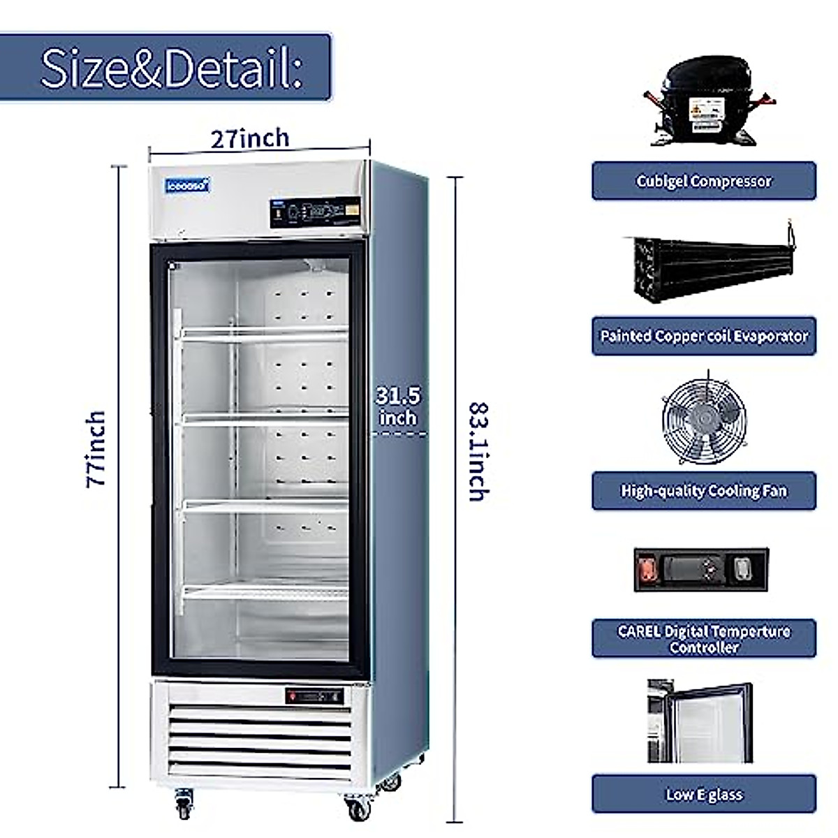 ICECASA 27" W Commercial Display Refrigerator Single Glass Door Merchandiser Reach-in 23 Cu.ft Stainless Steel Display Refrigerator Fan Cooling for Restuarant, Bar, Shop, etc