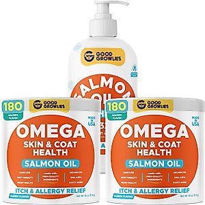 GOODGROWLIES Omega 3 Fish Oil for Dogs (360Ct+32oz) - Skin&Coat Chews - Dry&Itchy Skin Relief+Allergy Support - Shiny Coat - EPA&DHA Fatty Acids - Salmon Oil Chews Promotes Heart, Hip & Joint Support