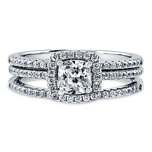 BERRICLE Sterling Silver Halo Wedding Engagement Rings Cushion Cut Cubic Zirconia CZ Ring Set for Women, Rhodium Plated Size 7
