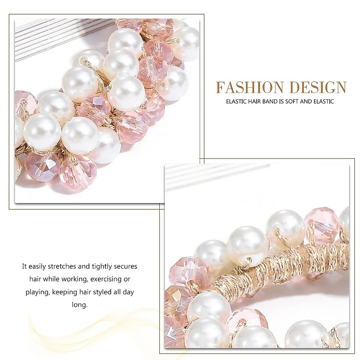 Brinie Pearl Rhinestone Ponytail Holder Pack: Pink Hair Ties, Elastic Bead Hair Bands, Stretchy Scrunchies for Women and Girls (Pack of 2)