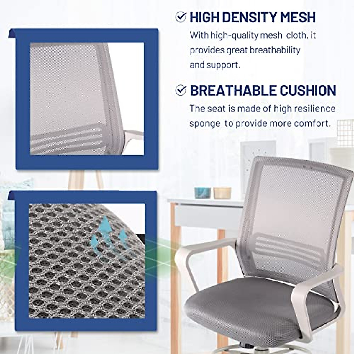 ZUNMOS Drafting Tall, Counter Office, High Standing, Ergonomic Mesh Computer Task Chair with Armrests and Adjustable Foot-Ring for Bar Height Desk, Grey