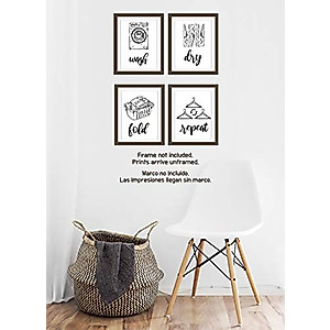 Modern 5th Laundry Room Signs (Set of 4 Unframed - 8 x 10 Inches), Wash Dry Fold Repeat, Typography Wall Art Decor Prints, Black and White Print Unframed