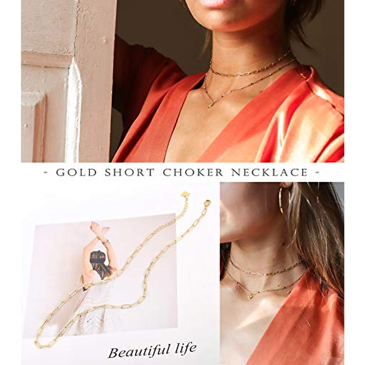 Aobei Pearl 18k Gold Oval Link Chain Choker Paperclip Necklace North Star Charm Short Adjustable Layering Necklace Minimalist Jewelry for Women 16’’