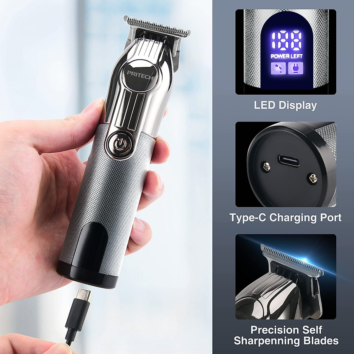 PRITECH Hair Trimmer for Men - Cordless, Rechargeable, T-Shaped Ceramic Cutter Head, One-Touch Switch, LED Display, Professional Motor, Low Noise Warranty