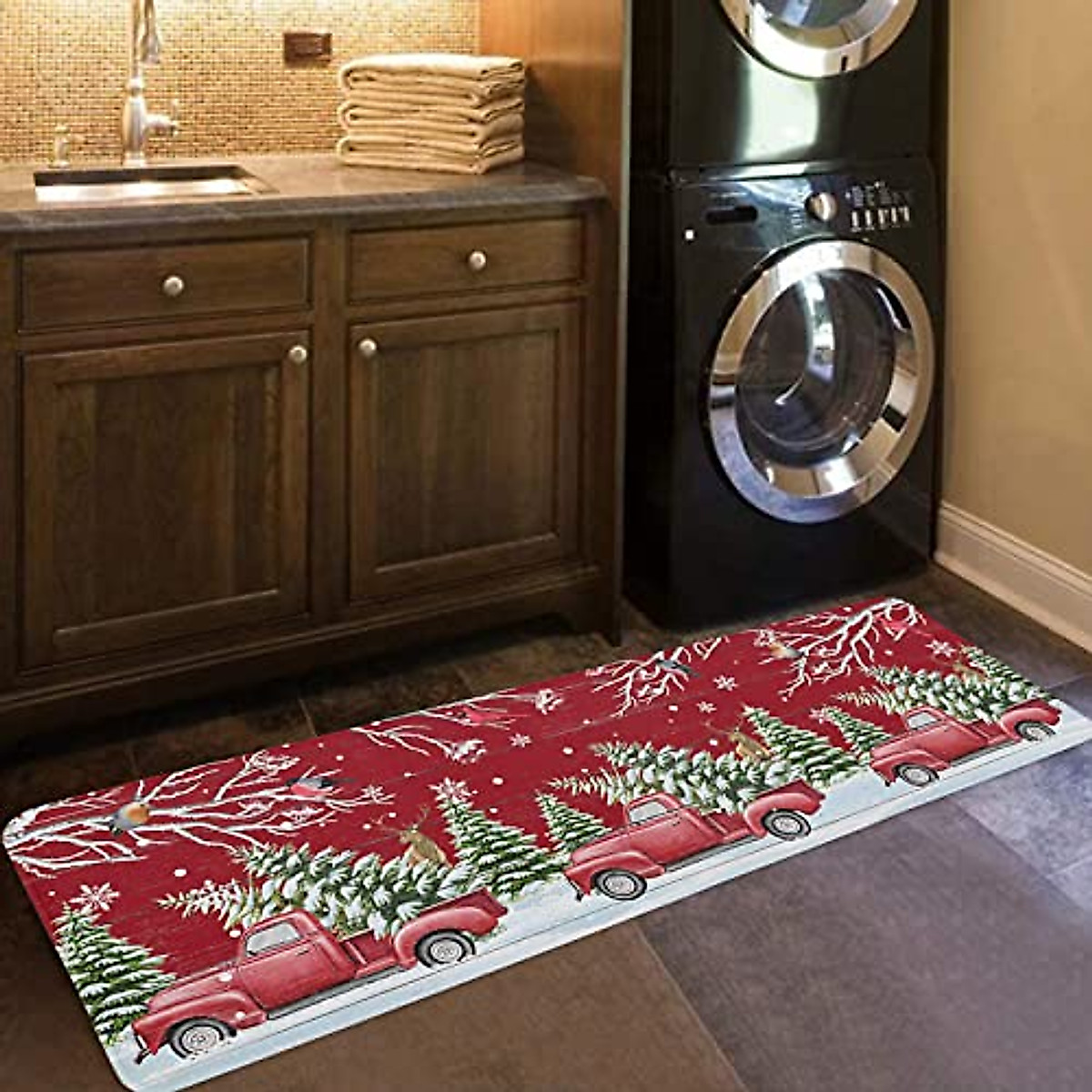 Libaoge Kitchen Mat Rug 1 PCS Christmas Truck Xmas Tree Snow Red Background Runner Rug Anti-Fatigue Comfort Memory Foam Standing Mat Non-Slip Floor Door Mat for Bathroom Bedroom 20x63in